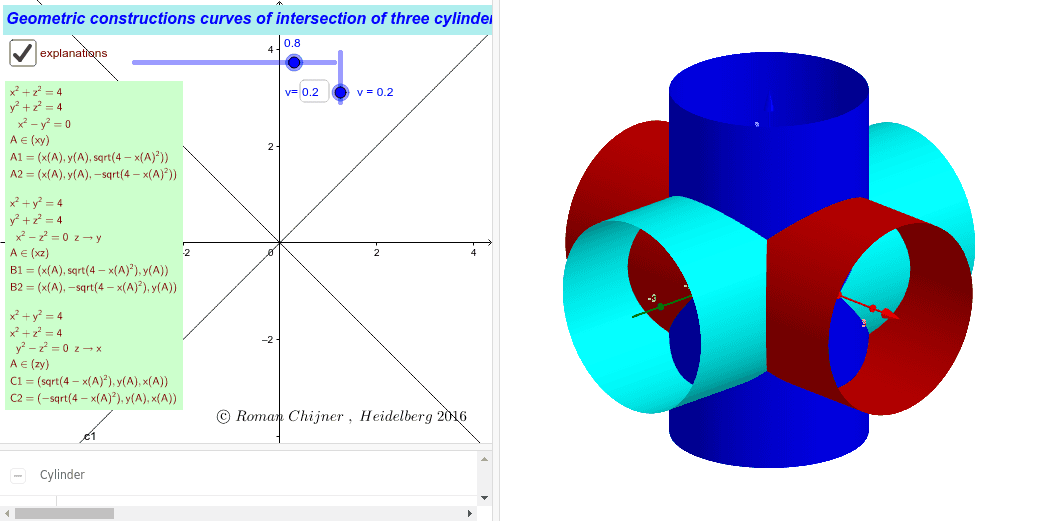 Geometric constructions curves of intersection of three cylinders – GeoGebra