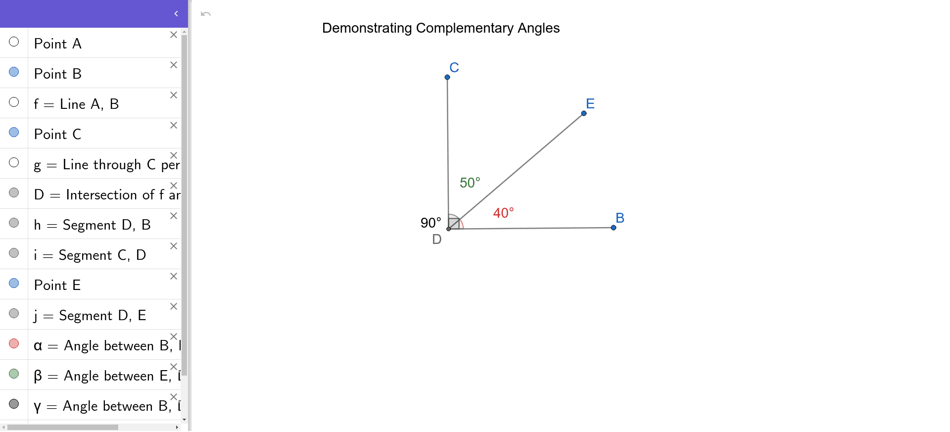 Demonstrating Complementary Angles – GeoGebra