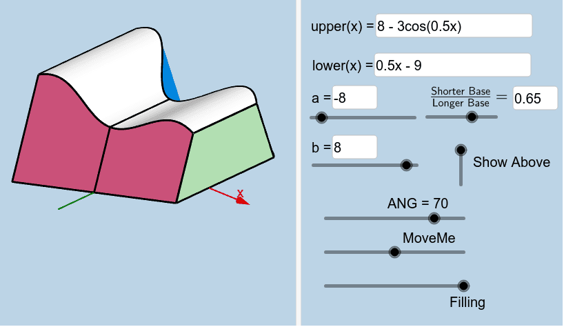 Modifiable Solid: Isosceles Trapezoid Cross Sections Parallel to yAxis – GeoGebra