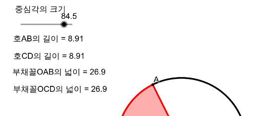 한 원에서 중심각과 부채꼴의 넓이, 호의길이 – GeoGebra