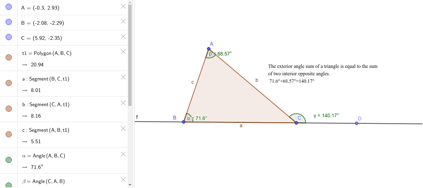The exterior angle of a triangle is equal to the sum opp int – GeoGebra
