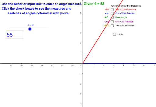 Explore Coterminal Angles (in degrees) – GeoGebra