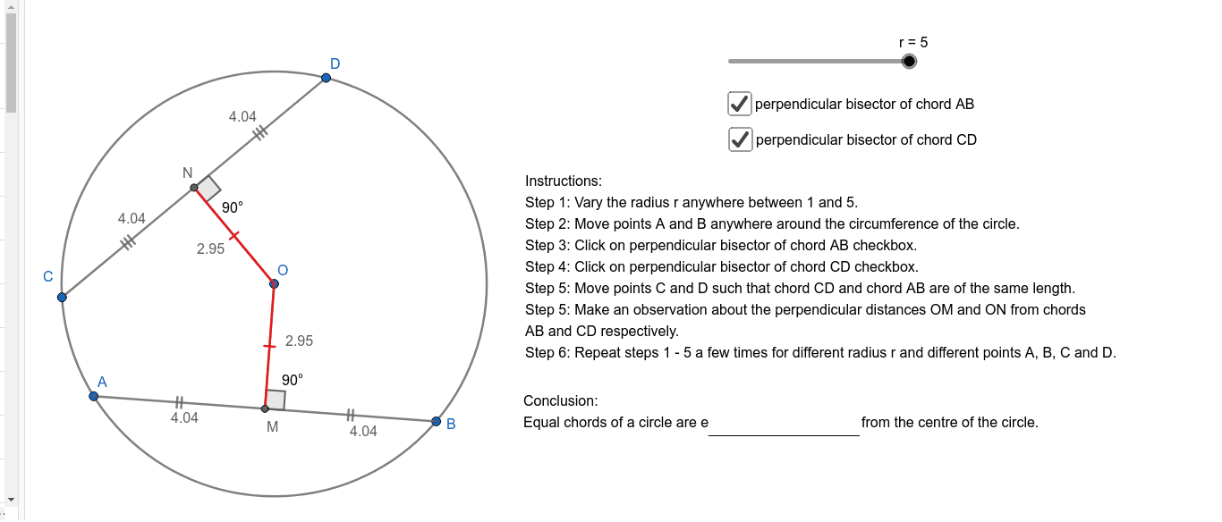 Equal Chords, Equidistant from Centre – GeoGebra