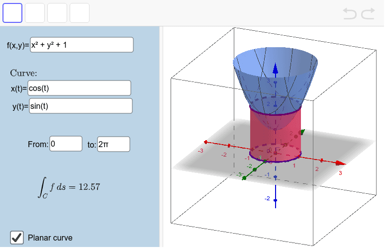 Line integrals: Arc length & Area of fence – GeoGebra
