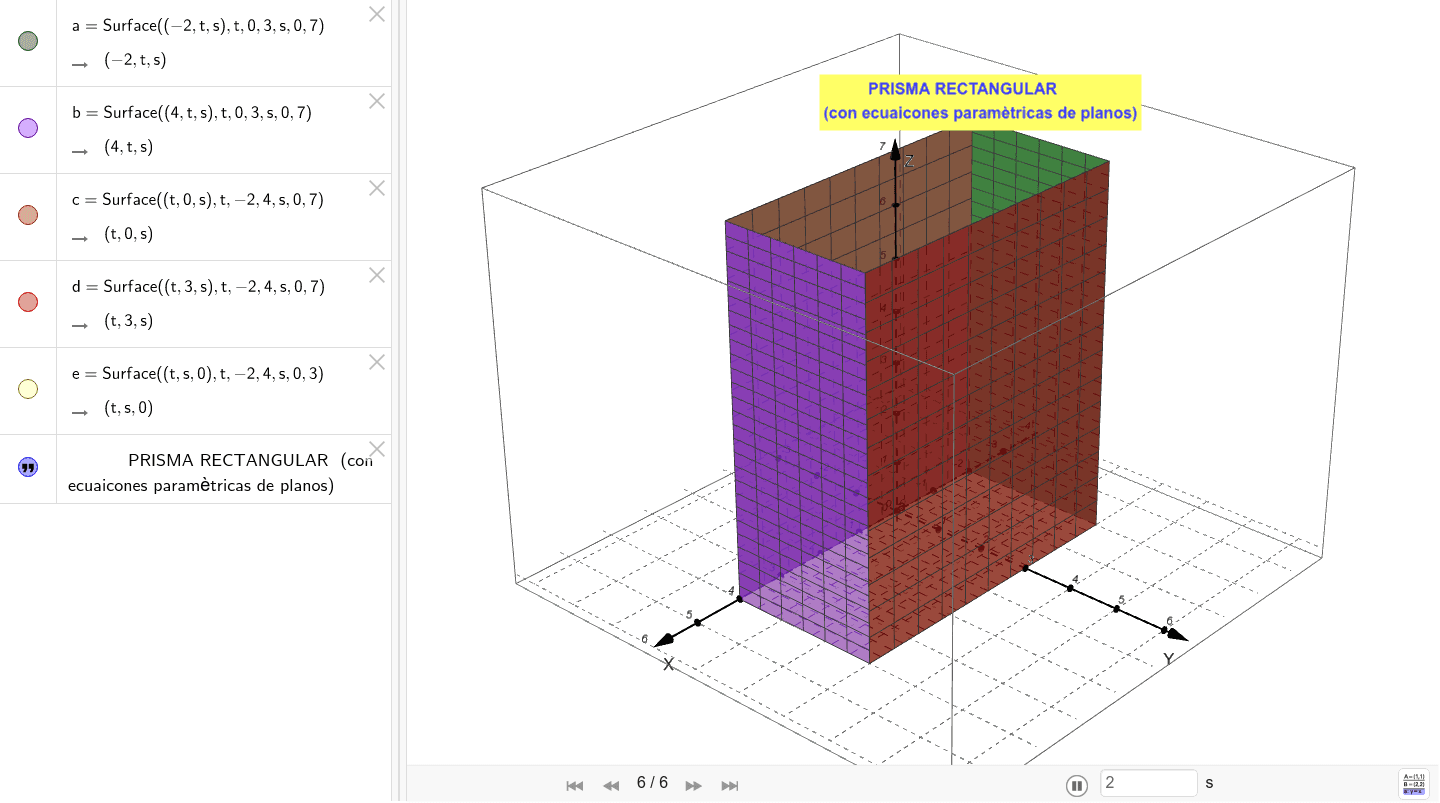 PRISMA RECTANGULAR CON ECUACIONES PARAMÉTRICAS DE PLANOS – GeoGebra