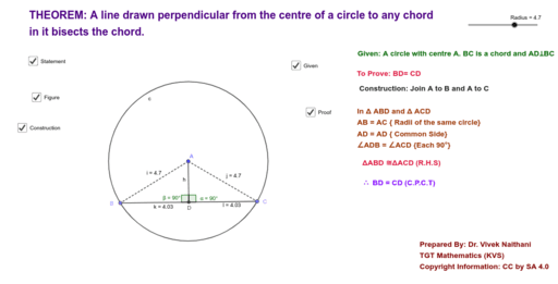 Perpendicular from centre on a chord theorem – GeoGebra