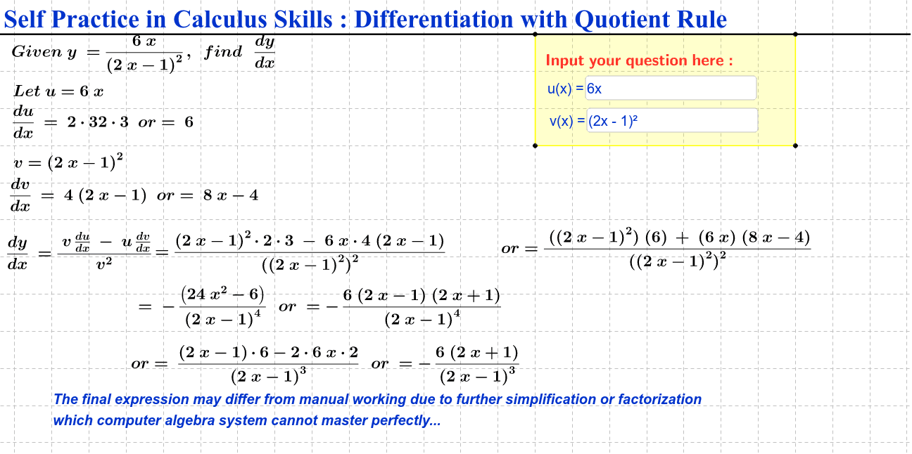 Differentiation using Quotient Rule Self Practice Sheet – GeoGebra