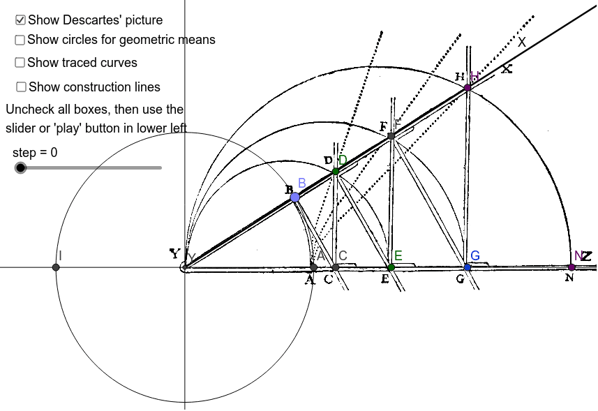Descartes's Mean Proportionals/Logarithm Machine – GeoGebra