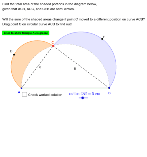 Area of composite figures : Shaded area inside 3 semi circles – GeoGebra