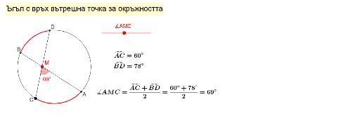 Ъгъл с връх вътрешна точка за окръжността Geogebra