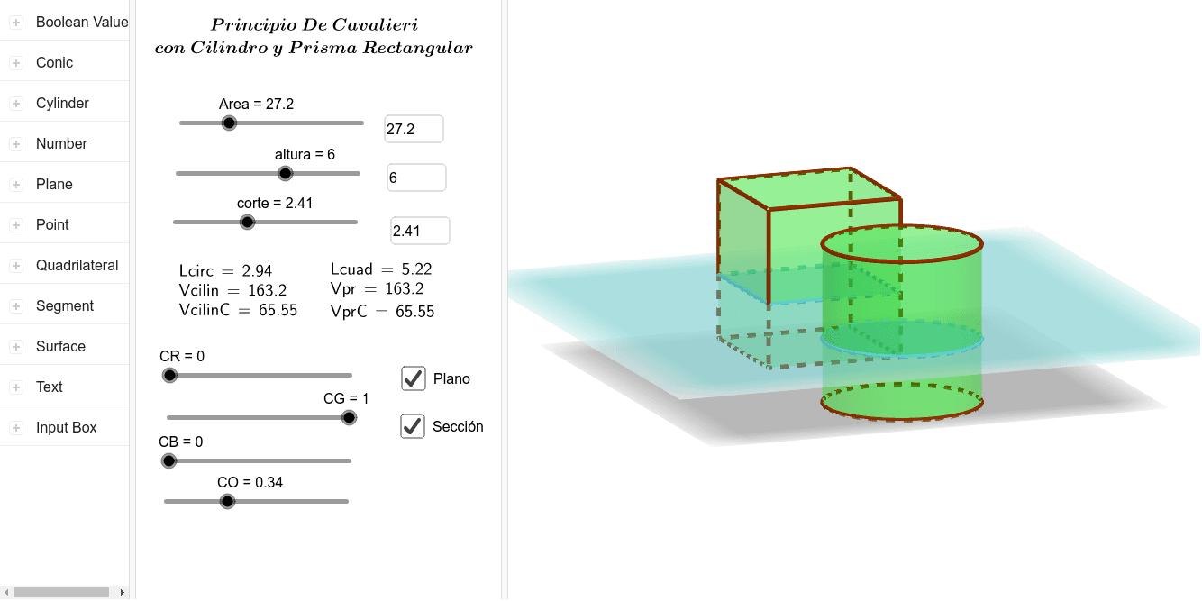 Principio de Cavalieri con Cilindro y Prisma Rectangular – GeoGebra