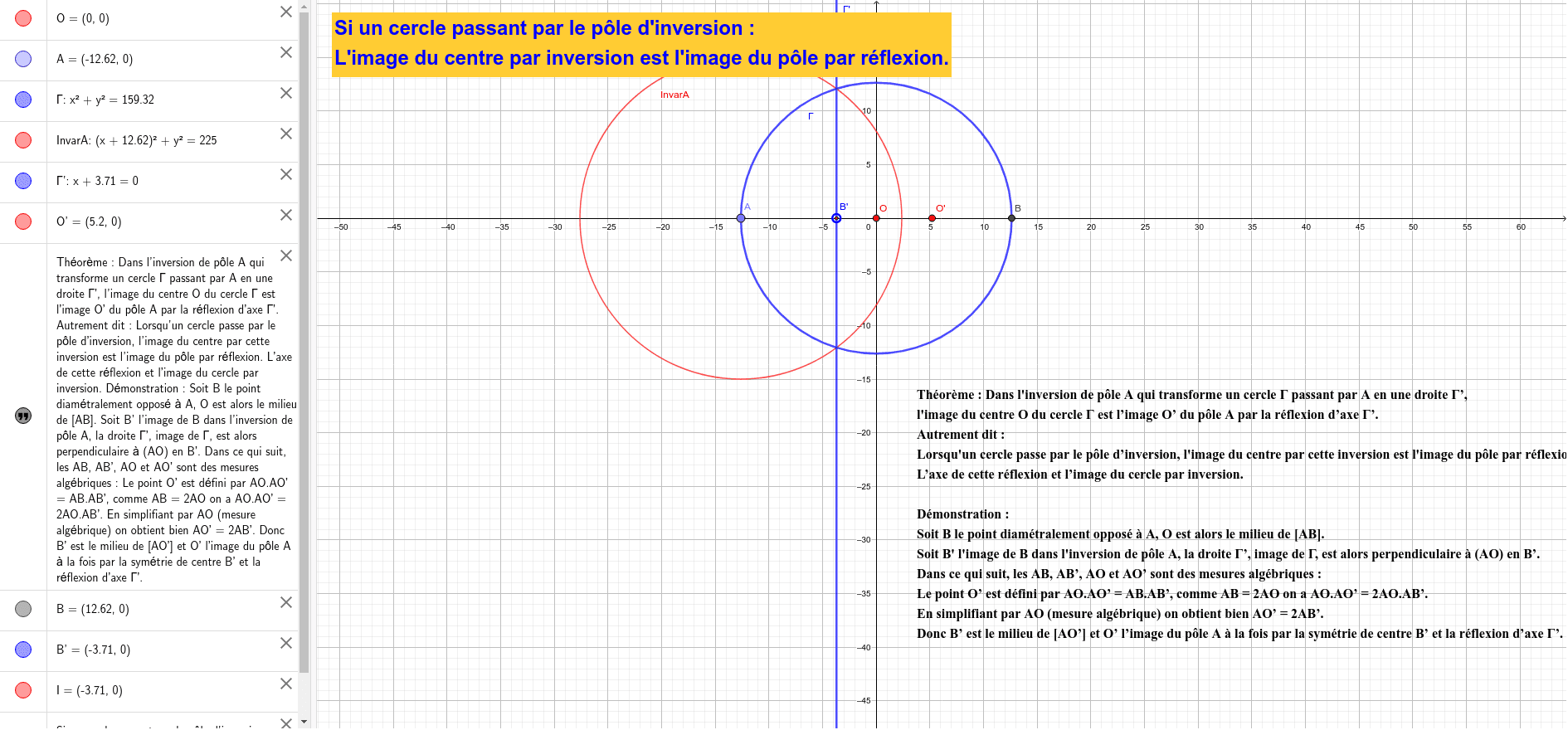 Image du centre par inversion, du pôle par réflexion – GeoGebra