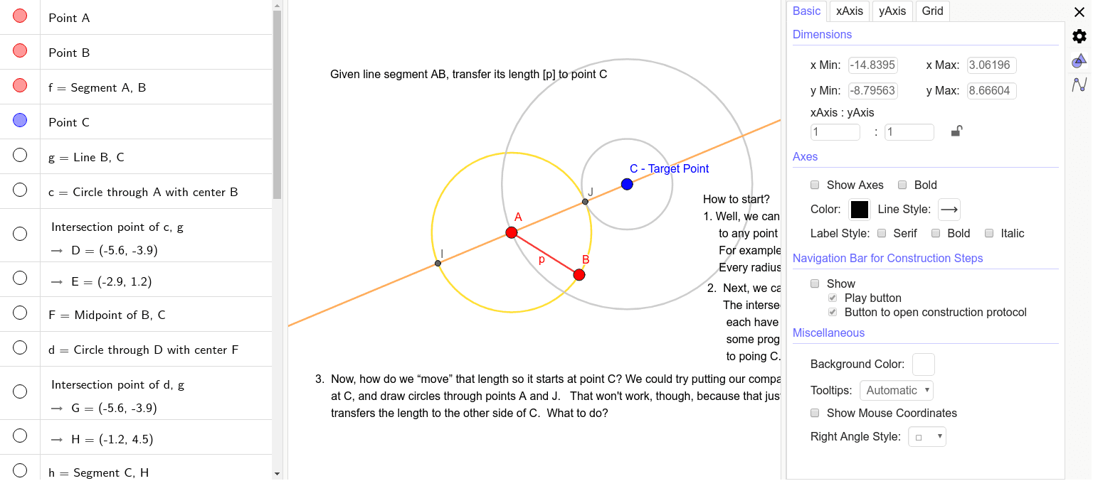 Work in progress - transfer a length with collapsible compas – GeoGebra