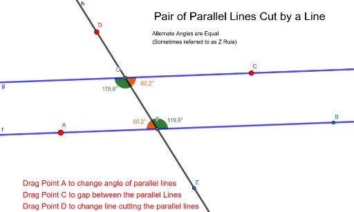 Geometry -Line crossing a pair of Parallel Lines - Z Rule – GeoGebra