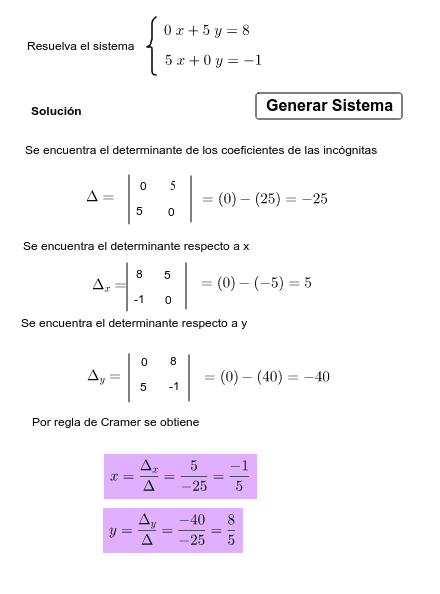 Solución de un sistema lineal 2x2 por regla de Cramer – GeoGebra