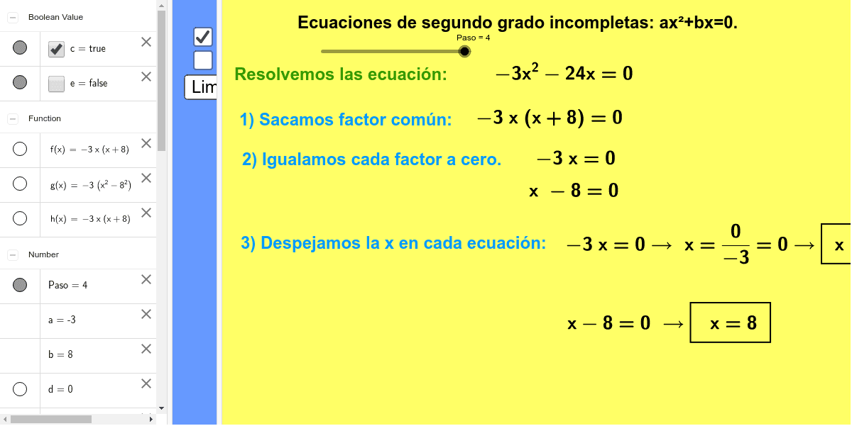 Ecuaciones de segundo grado incompletas. – GeoGebra