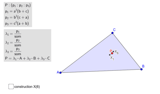 X(42) Crosspoint of incenter and symmedian point – GeoGebra