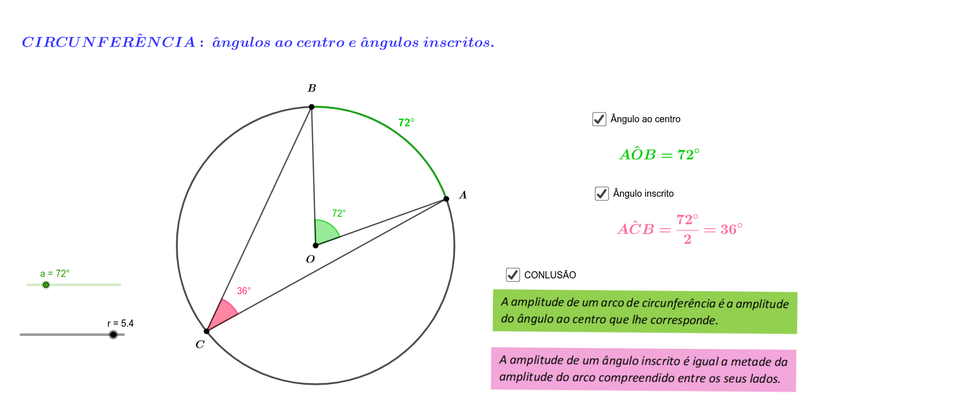 Ângulo ao centro e ângulo inscrito – GeoGebra